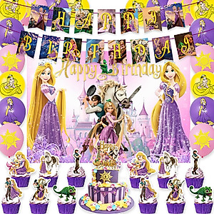 Rapunzel Birthday Party Decoration Supplies Includes Backdrop Banner, Balloons, Cake Toppers for Girl Party Favor