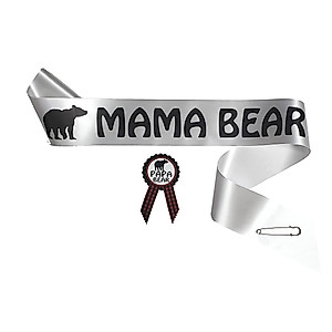 Mama Bear Baby Shower Sash & Daddy to Be Badge White & Black with Rhinestone Pin by Amy's Bubbling Boutique