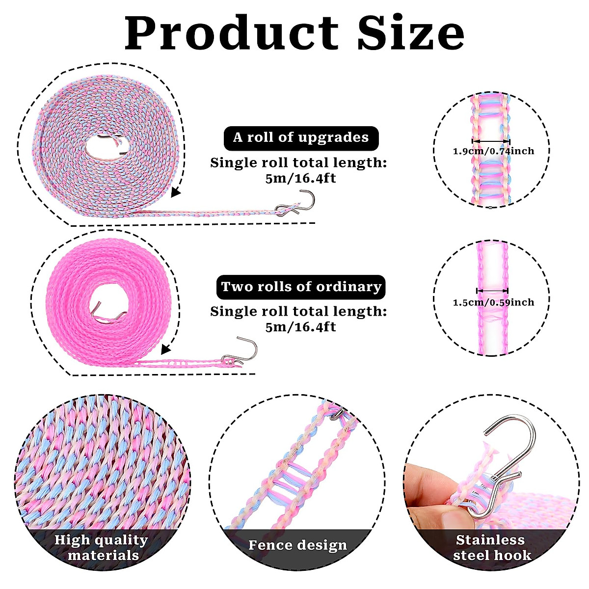 3 Pack Windproof Portable Clotheslines with Hooks 16.4ft Clothes Drying Rope Laundry Line Adjustable Non-Slip Clotheslines for Outdoor Indoor Travel Laundry Drying Hanging Clothes