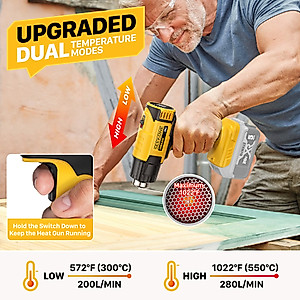 SEEKONE Cordless Heat Gun for Dewalt 20V Battery, Dual Temperature Settings 572℉ and 1022℉ Fast Heating Hot Air Gun with 3 Nozzles for Shrink Tubing, Vinyl Wrap, Crafting, Electronics (No Battery)