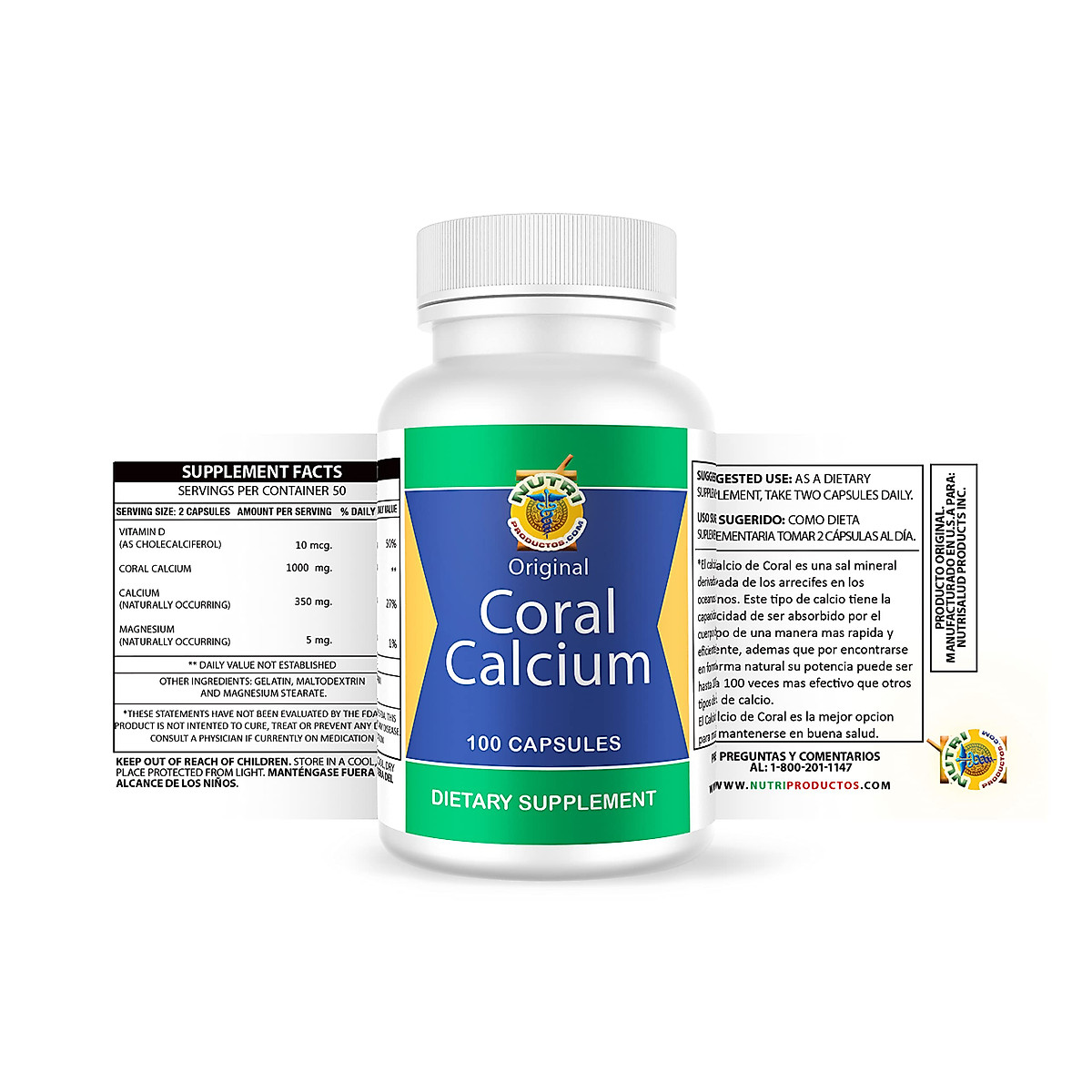 Calcio de Coral Set de 2 frascos con 100 capsulas CADA uno. Reforzado con Vitamina D y Magnesio.Combate: Cansancio, Dolor de huesos, insomnio, Calambres, Artritis. 100% Natural.