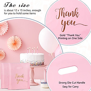 200 Pieces Plastic Thank You Bags Plastic Shopping Bags for Small Business Pink Gift Bags with Handles Merchandise Bags with Gold Thank You Logo for Party Stores Business Gift Supplies (12 x 15 Inch)