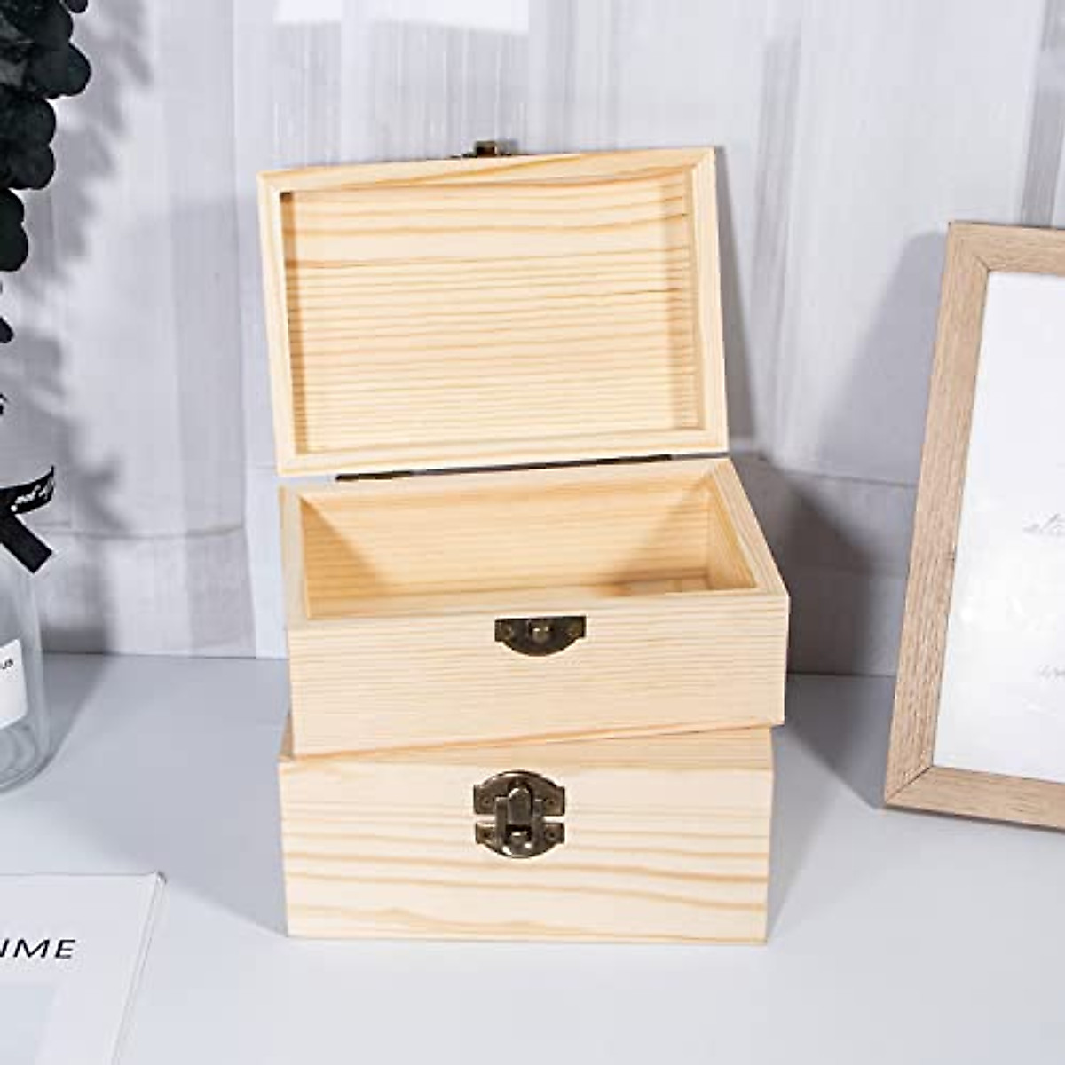 Unfinished Wood Box, Dedoot 4 Pack 5.9x2.93x2.55 Inches Small Wood Craft Box with Locking Clasp Rectangle Wood Gift Box Organizer for Jewelry Artist Tool and Brush Storage Box