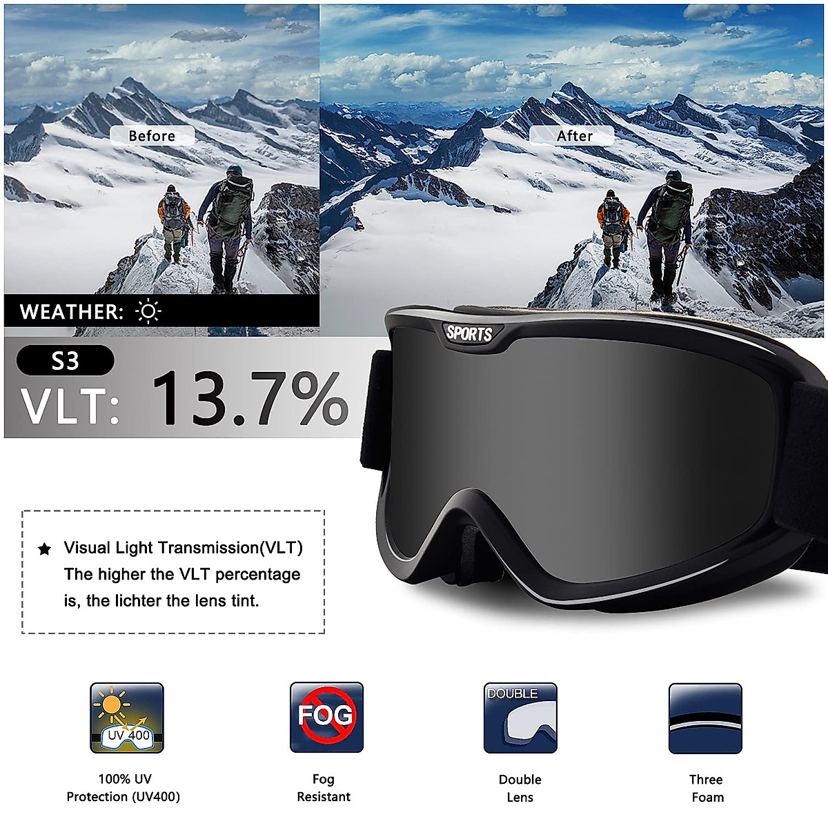 OULAIQI Ski Goggle Snow Goggles For Man Women Windproof Anti-Fog Scratch Resistant Over The Glasses Motorcycle Snowboard Goggles For Skiing Climbing Snowboarding