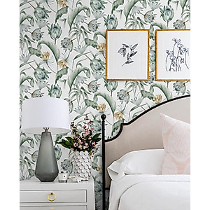 GloryTik 16.14" x 78.7" Green Leaf Floral Peel and Stick Wallpaper - Green and Blue Contact Paper, Removable Self-Adhesive, Waterproof Mural for Room Walls, Cabinets Decor