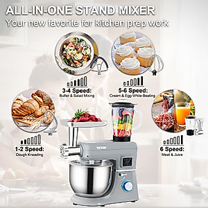 VEVOR 5 IN 1 Stand Mixer, 660W Tilt-Head Multifunctional Electric Mixer with 6 Speeds LCD Screen Timing, 7.4 Qt Stainless Bowl, Dough Hook, Flat Beater, Whisk, Scraper, Meat Grinder, Juice Cup - Gray