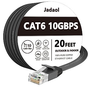 Cat 6 Ethernet Cable 20 Ft, Outdoor&Indoor, 10Gbps Support Cat 8 Cat 7 Network, Slim long Flat Internet LAN Patch Cord, Cat6 Fast Speed weatherproof Cable for Router, Modem, PS4/5, Xbox, Gaming, Black