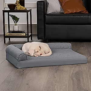 Furhaven Medium Memory Foam Dog Bed Pinsonic Quilted Paw L Shaped Chaise w/ Removable Washable Cover - Titanium, Medium