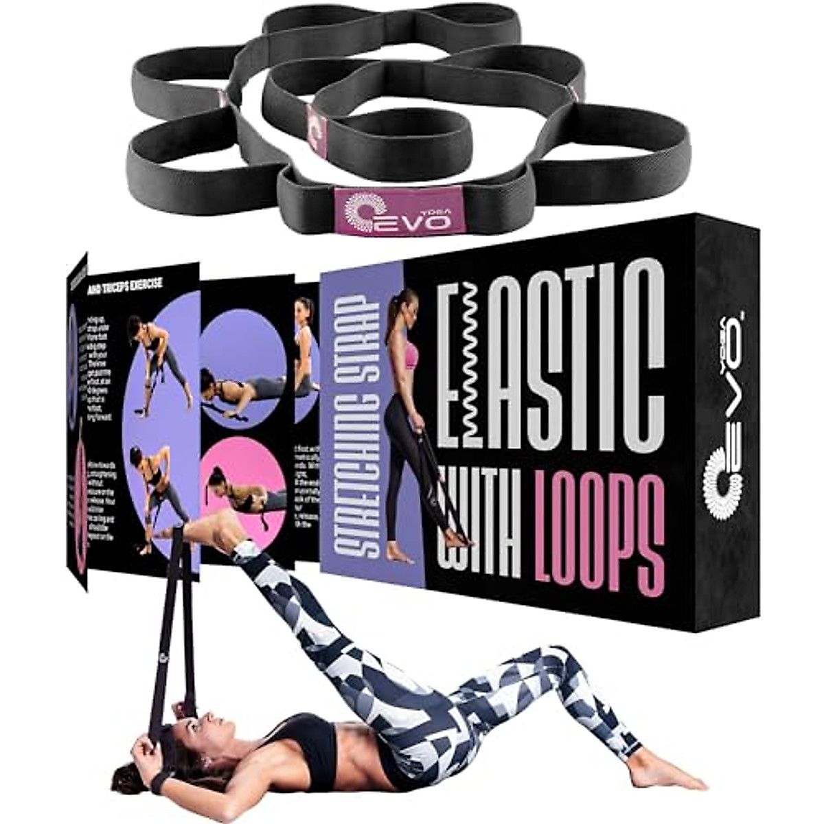 YOGA EVO Exercise Band with Loops for Physical Therapy Yoga, Exercise and Flexibility Elastic Fitness Stretch Band + Exercise Instructions & Carry Bag