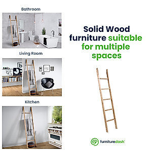 Furniture Dash Wall Leaning Wooden Blanket Ladder Corona, 5 Steps Farmhouse Style Blanket Ladder, Wooden Rack Rail Blanket, Ideal for Towel- Clothes- Linen Railing Hanger for Bathroom- Brown