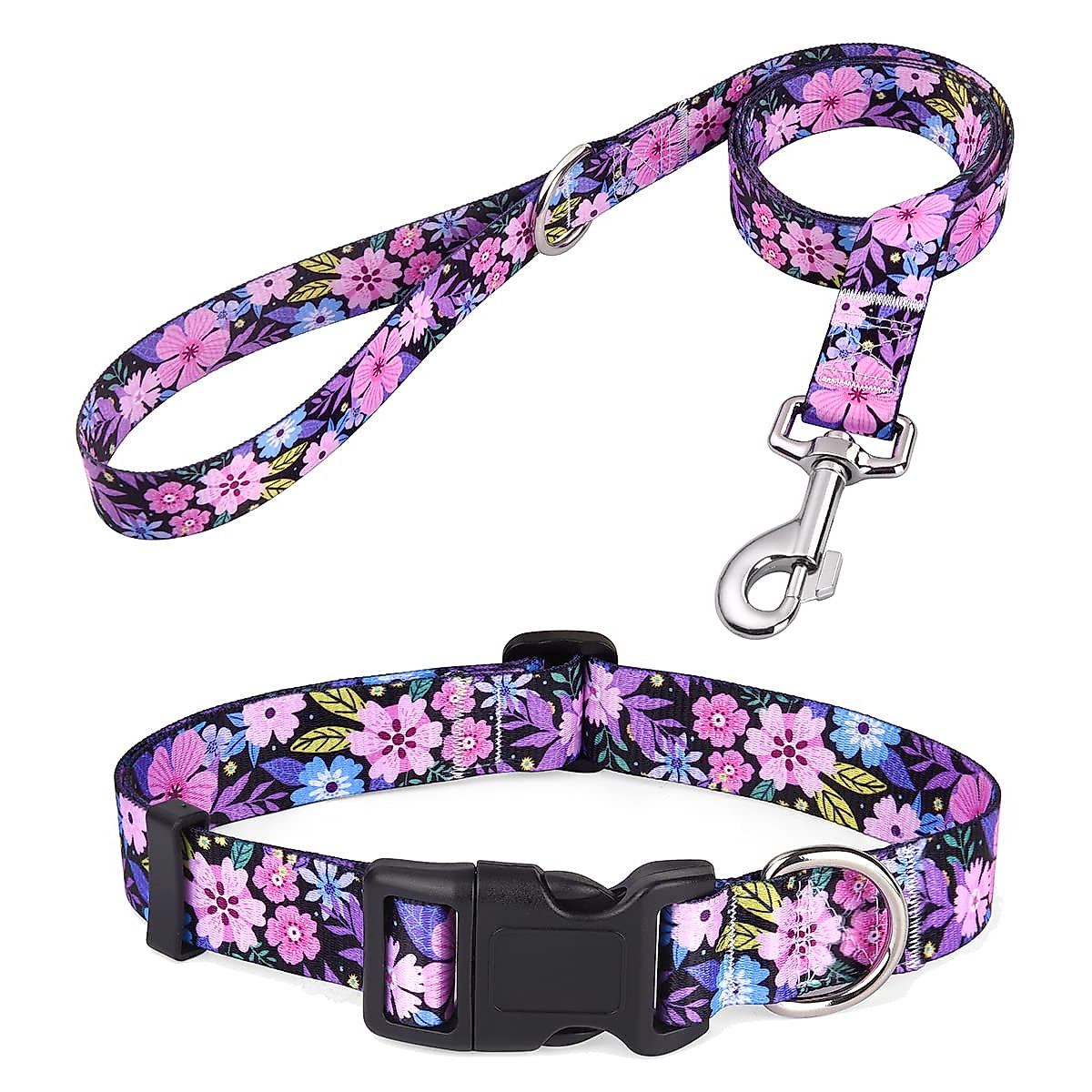 Mihqy Dog Collar and Leash Set with Bohemia Floral Tribal Geometric Patterns - Soft Ethnic Style Collar Adjustable for Small Medium Large Dogs(Pink Floral Set,S)