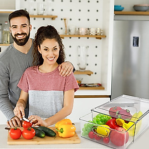 Decorelement Extra Large Refrigerator Organizer Bins with Pull-out Drawer, Stackable Clear Bins with 3 Dividers, Pantry Organization and Food Storage