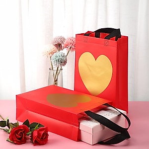 48 Pcs Red Gift Bag with Shiny Gold Heart Print Reusable Gift Bags with Handles Non Woven Red Tote Bag for Wedding Birthday Bridal Shower Engagements Party Anniversaries, 8 x 12 x 4 Inch(null)