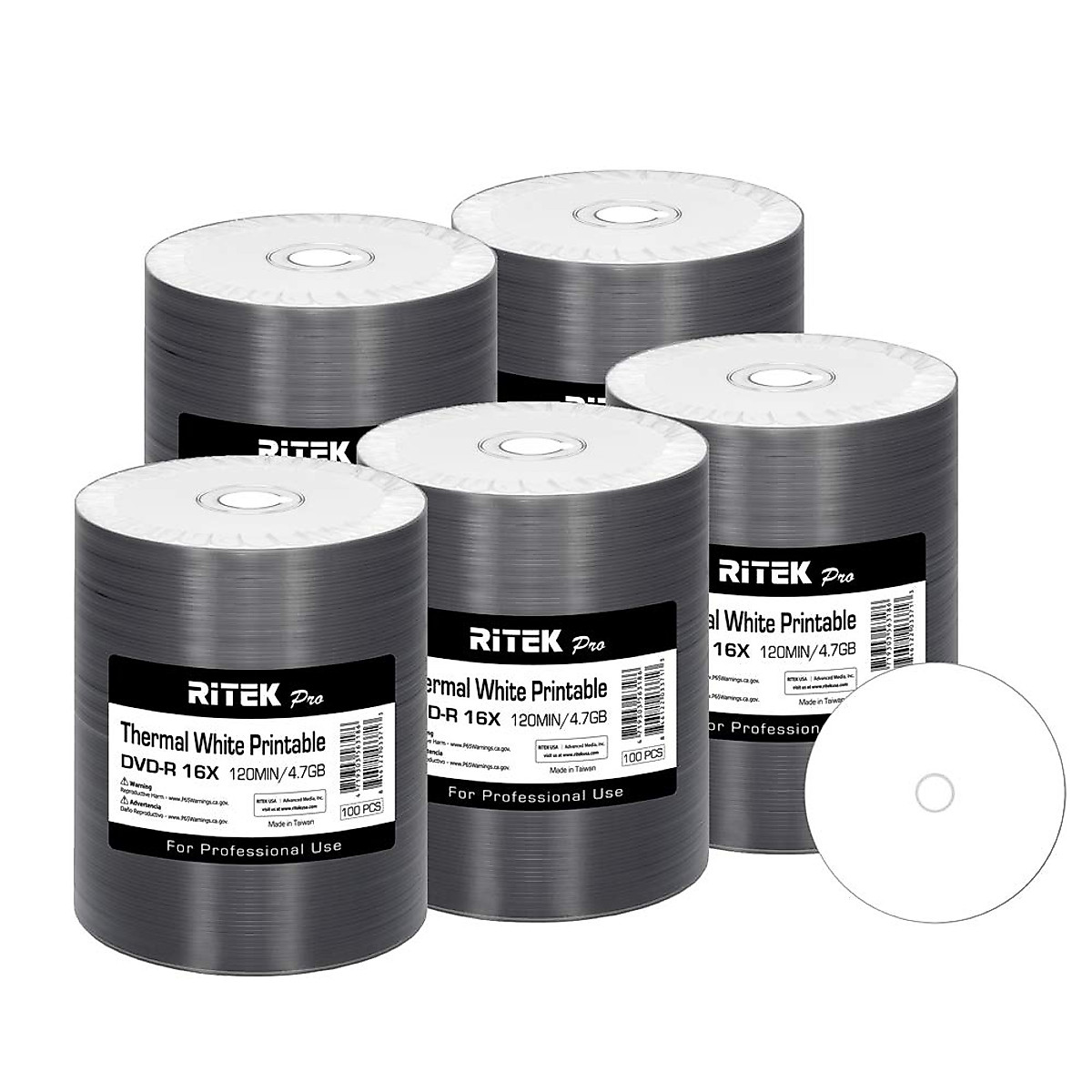 500 Pack Ritek Pro (Professional Grade) DVD-R 16X 4.7GB AZO Dye (MID MXL RG04) White Thermal Hub Printable Blank Media Recordable Disc