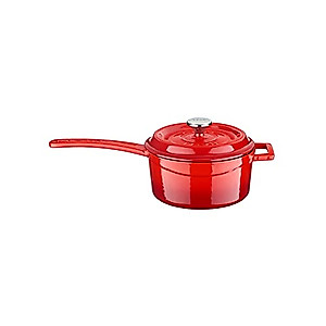 Lava Light-Colored Sand Enameled Cast Iron Sauce Pan, 1.5 Quarts Round Sauce Pot, Glossy Sand-Colored Three Layers of Enamel Coated Interior, Long Handle with Lid (Red)