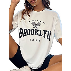 Verdusa Women's Casual Crewneck Short Sleeve Letter Graphic Drop Shoulder Oversized Tee T Shirt White S