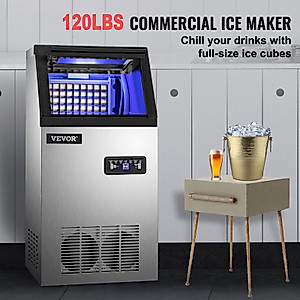 Happybuy 110V Commercial Ice Maker Machine, 120LBS/24H Stainless Steel Ice Maker Machine 22lbs Storage Automatic Ice Machine for Home Restaurant Bar Cafe, Scoop and Connection Hoses Included