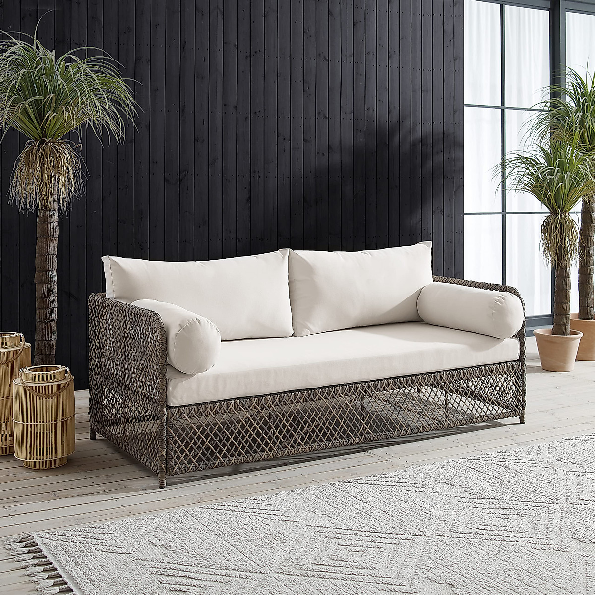 Crosley Furniture Granite Bay Wicker Outdoor Sofa, 3-Person Patio Couch for Porch, Deck, Backyard, Stone with Crème Cushions