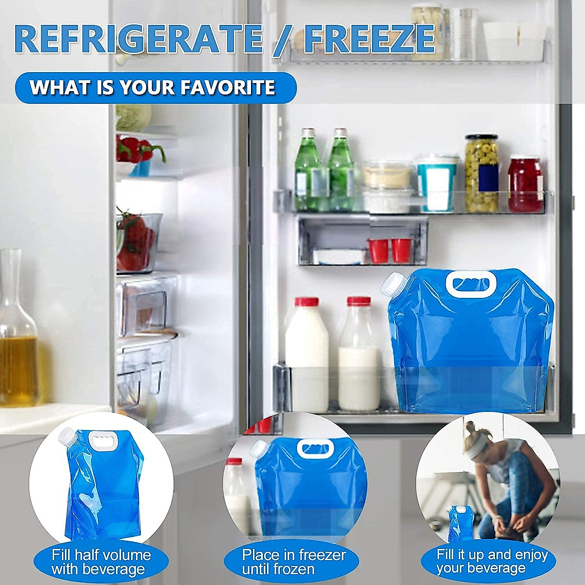 Hakkin Collapsible Water Container Bag 4 Pcs 10L/(2.6 Gallon), No-Leak Freezable Portable BPA Free Food Grade Plastic Storage Jug for Camping, Hiking, Travel, Emergency Survival Kit Bonus 2 Pcs Caps