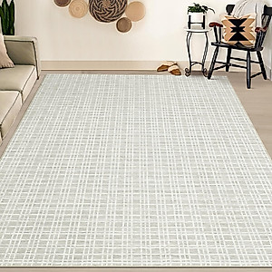 JOLENE.K Washable Rugs 8x10 Geometric Plaid Rug for Living Room Modern Distressed Area Rug for Bedroom Contemporay Office Rug Low Pile Neutral Soft Nursery Rug Non Slip Farmhouse Floor Cover Taupe