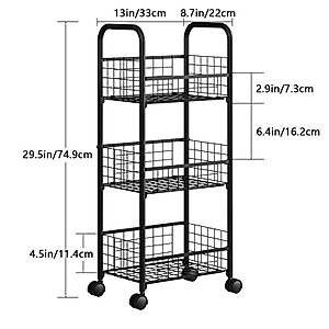 3-Tier FreeStanding Open Shelf with Wheels, Storage Rolling Cart Bathroom Organizer Shelves Unit, Metal Steel Storage Tower Organizer Rack Basket Cart for Bathroom, Living Room, Balcony, Kitchen