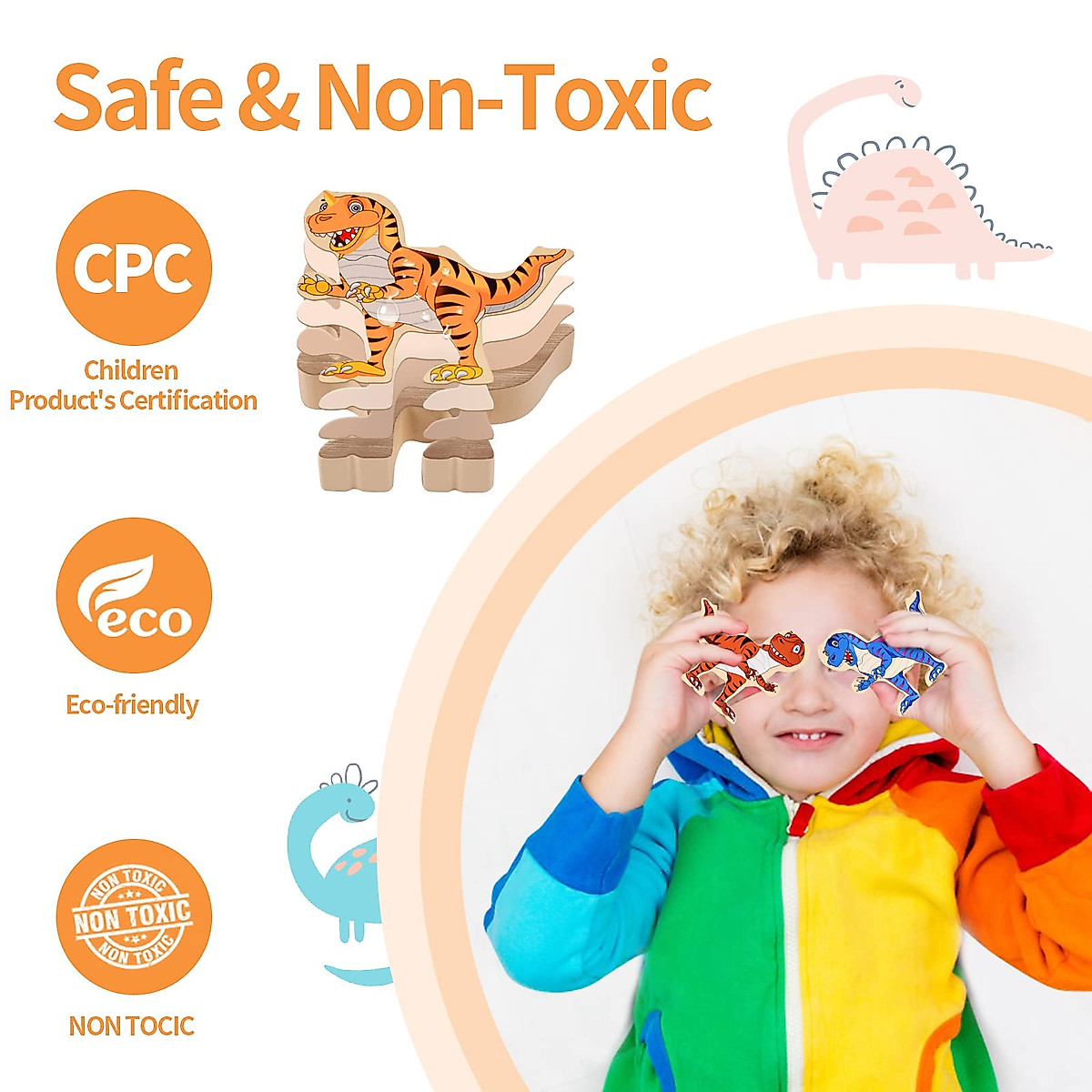 ACOUCB Wooden Dinosaur Stacking Toys for Kids 3-7, 16pcs Large Sensory Montessori Toys, Balance Competition Game Building Toys, Easter Basket Stuffers, Birthday Gift for Boys Girls