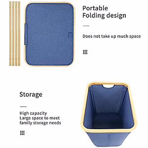 70L Laundry Hamper with Wheels, Collapsible Round Laundry Basket with Lid, Easy Transportation Laundry Organizer with Bamboo Handle for Living Room, Bedroom (Blue)