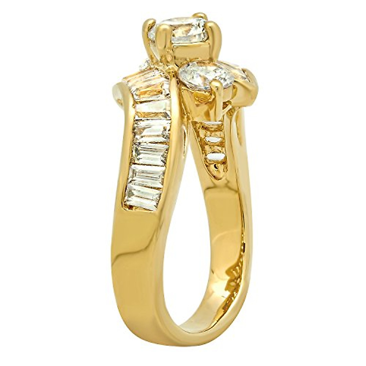 The Bling Factory 14k Gold Plated Cubic Zirconia Engagement Ring, 3-Stone Round + Channel Set Baguette CZs, Size 6