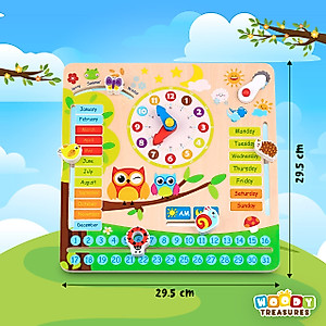Woody Treasures - Montessori Wooden Toys Kids Clock - Wooden Toy for 3 Year Olds - Unique Learning Toy for Toddlers Learn About Seasons, Months, Days of Week, Time Telling - Educational and Fun