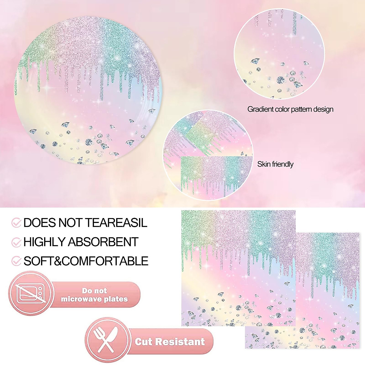 Lousuip 80PCS Iridescent Diamond Party Supplies Disposable Holographic Paper Plates and Napkins Party Tableware for Birthday Cocktail Bridal Shower Graduation Wedding Party Decorations