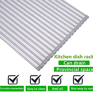 Over The Sink Dish Drying Rack, RidRed Roll up dish rack, High temperature resistance Kitchen Rolling Dish Drainer, Stainless Steel Sink Drying Rack, Foldable Dish Drainer, Gray (17.5 x 11.8)