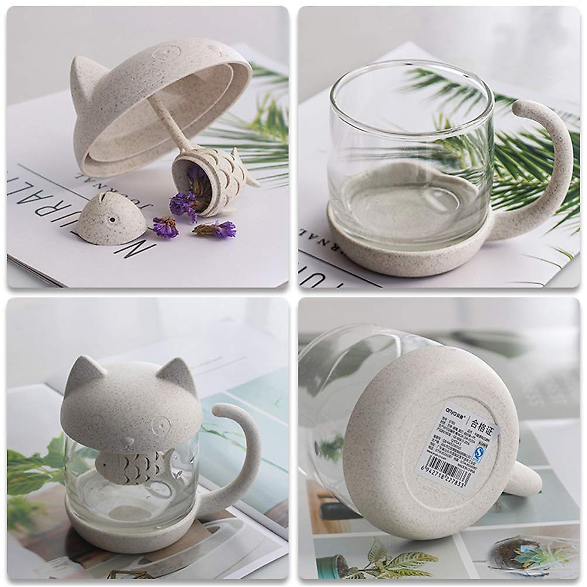 10 oz Cat Glass Cup Tea Mug with Infuser Set and Lid,Glass Teas Mug with Handle,Transparent Tea Cup with Fish Shaped Strainer Filter