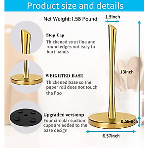T0SSHPS Paper Towel Holder, Gold Paper Towel Holder, Kitchen Paper Towel Holder Countertop with Suction Cups,Kitchen Paper Towel Holder Made of Stainless Steel Brushed Gold Paper Towel Holder Vertical