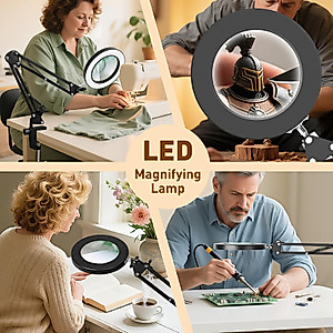 5X Magnifying Glass with Light and Stand, KIRKAS 2-in-1 Real Glass Lens Magnifying Desk Lamp with Clamp, 3 Color Modes, Stepless Dimmable Magnifier Light for Close Work Repair Reading Crafts- Black