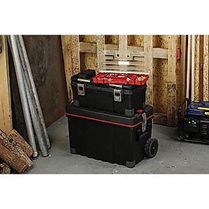 Keter Mobile Hawk Cart and Stackable Tool Box System and Organizer with Telescopic Comfort Grip Handle - Perfect Organization and Storage Chest for Power Drill, Tape Measure, and Small Parts