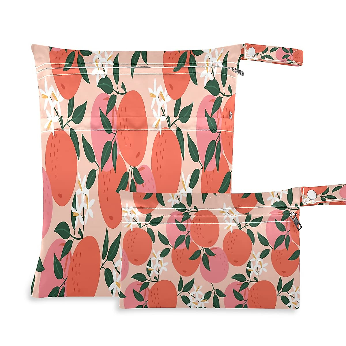 Wet Dry Bags for Diaper Bag Fruit Orange Flower Pattern Cloth Diaper Hanging Wet Bags Waterproof Washable Organizer Pouch with Pocket for Travel Camping Beach