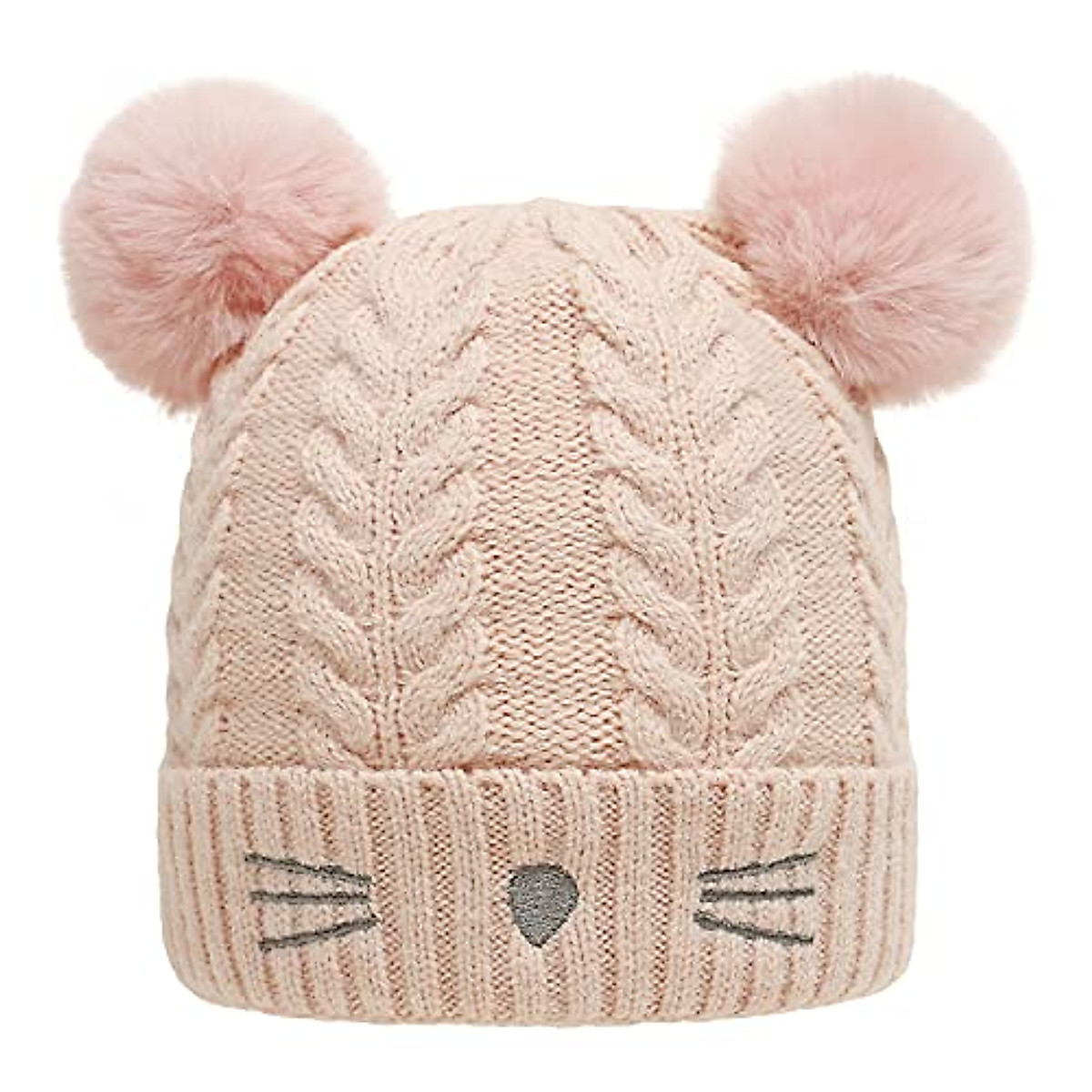 BUBO.YAA Baby Girl Winter Hat Cable Knit Baby Beanie for Infant Toddler Double Faux Fur Pom Pom Beanie with Fleece Lining
