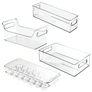 mDesign Plastic Kitchen Pantry Cabinet, Refrigerator, Freezer Food Storage Organizer Bin - for Fruit, Drinks, Snacks, Eggs, Pasta - Combo Includes Bins, Condiment Caddy, Egg Holder - Set of 4 - Clear