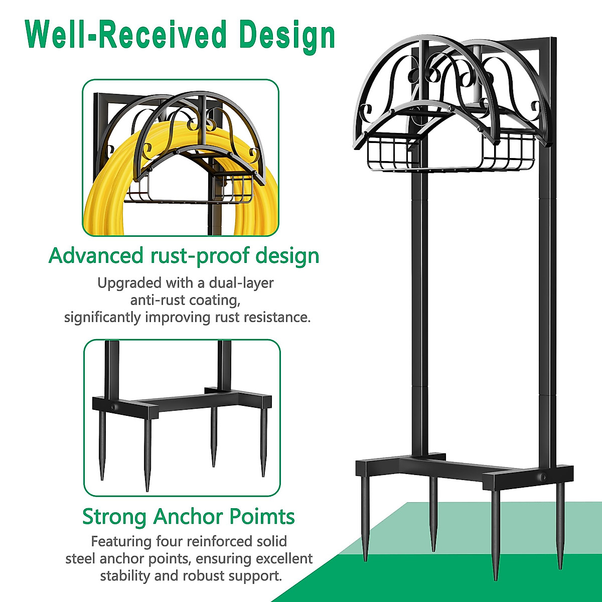 Yalivon Garden Hose Holder Freestanding, Water Hose Holder Hose Hanger Heavy Duty Metal Hose Stand Holds 160-feet Hose, Outdoor Hose Organizer Sturdy Garden Hose Storage Rack for Outside