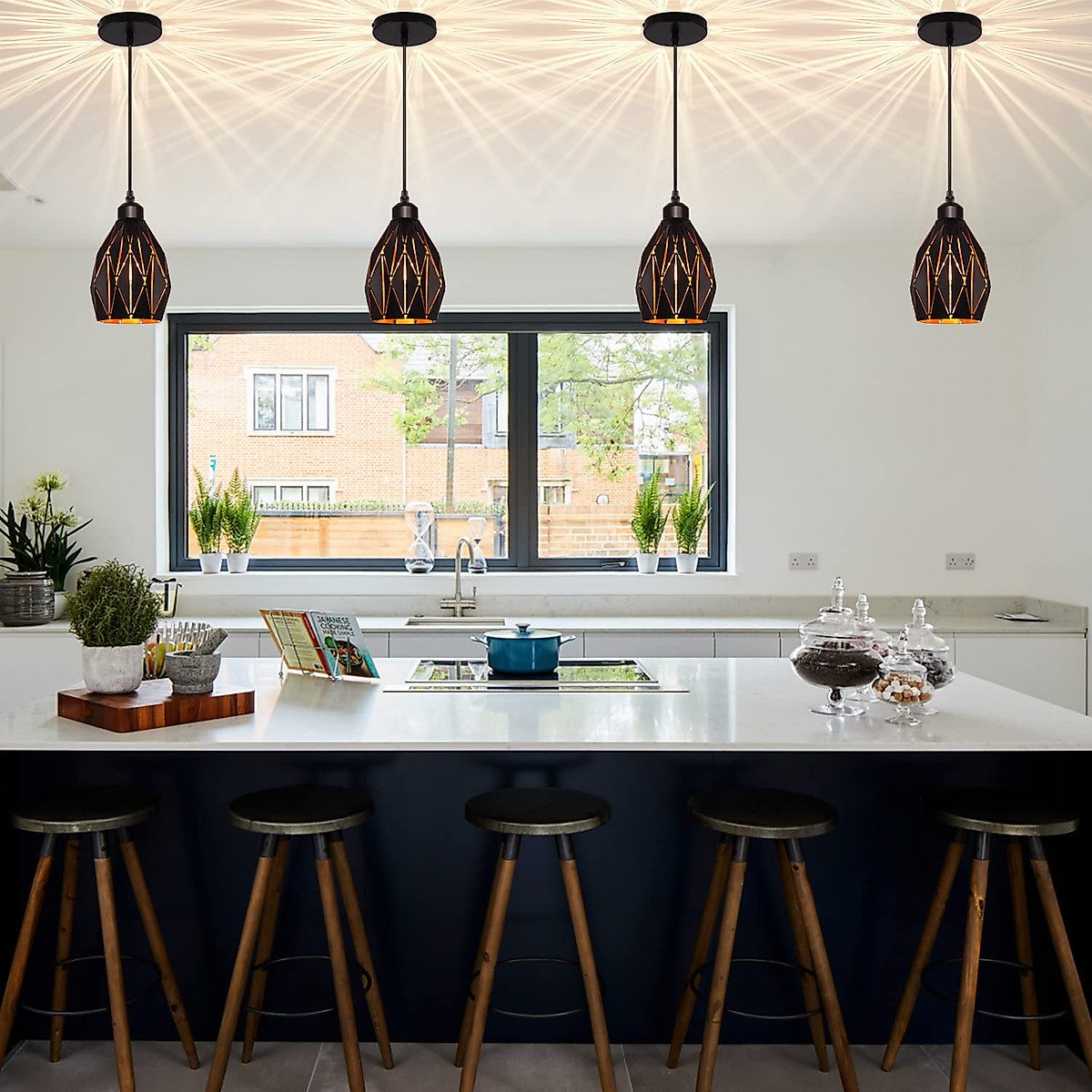 Retro Pendant Light Fixtures 3 Pack Industrial Pendant Lighting Adjustable Hanging Light Fixtures with Geometric Black Metal Shade Farmhouse Pendant Light Ceiling Lamp for Kitchen Island