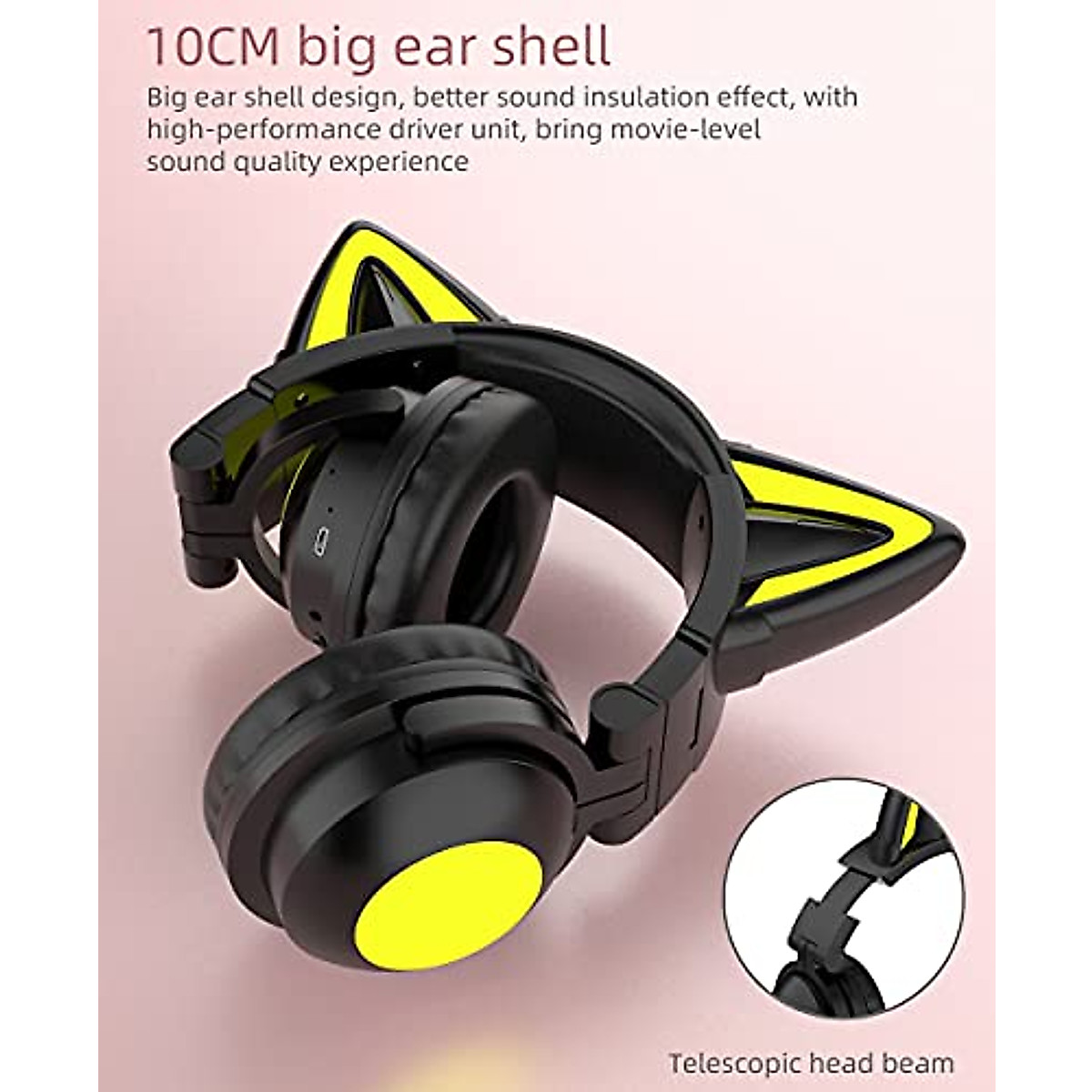 kuayang Wireless Cat Ear Headphones (7 Color Changing) with & 3.5mm Jack, Gaming Pro, Bluetooth&Wired Connection (Pink)