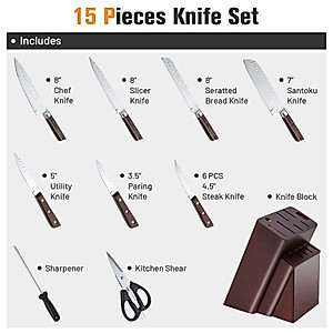 COSTWAY 15-Pieces Kitchen Knife Sets, with Block, Sharpener & Kitchen Shears, Includes Chef Knife, Bread Knife, Santoku Knife, Utility Knife, Paring Knife, 6 Steak Knives (Dark Brown)