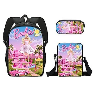 JTeena Bar-bie Backpacks for Kids, 3 Set Pink Barb Shoulders Schoolbag, Satchel and Pencil Case Set, 16" Girls School Bag Set