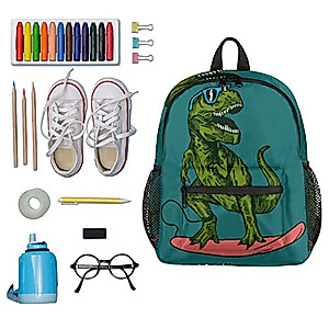 Skateboard Dinosaur Kid's Backpack Green Toddler Bag with Chest Clip Schoolbag for Girl Boy Preschool Kindergarten Student Bookbag Children Bag Travel Daypack
