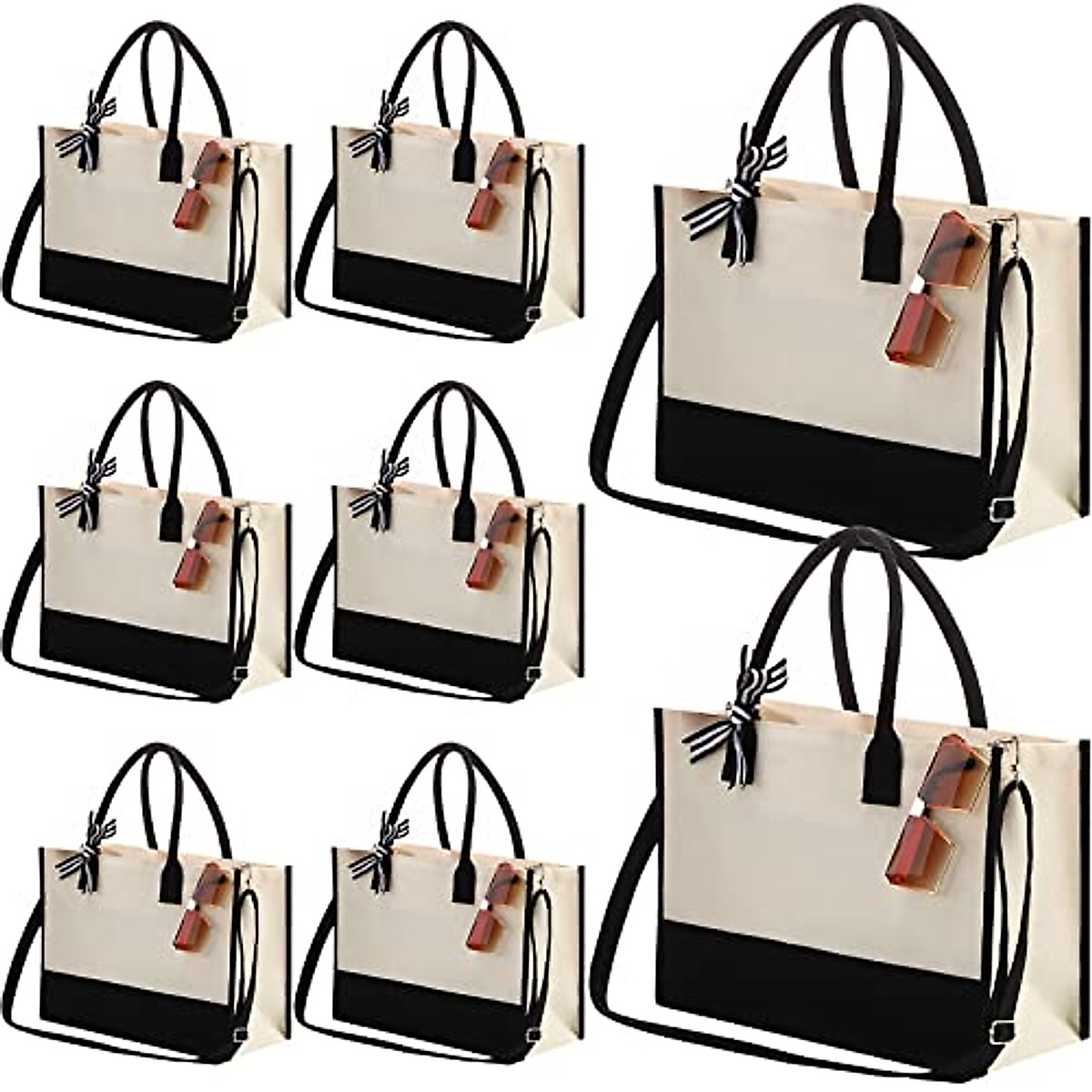 8 Pieces Canvas Tote Bag Black and White Bag with Shoulder Strap Zipper Opening Inner Side Pockets Grocery Totes for Women Work Daily Travel Birthday Bridesmaid Gifts DIY Bag