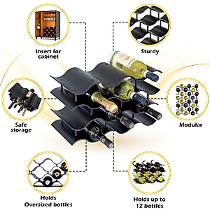Bariboo Wine Rack. Stackable Countertop Wine Bottle Stand. 12 Bottles Wine Holder Organizer for Table Top, Pantry, Cabinet, Refrigerator. Wine Bar Quality Plastic Lightweight Storage (Black)