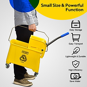 Matthew Cleaning Compact Mop Bucket INCL.2 Pack Mop Head with Side Press Wringer On Wheels,Tandem Portable Floor Cleaning Wavebrake,Ideal for Household,Industrial,Restaurant,Janitorial Use-22 Quart