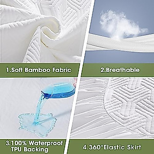 HYLEORY California King Size Waterproof Mattress Protector Viscose Made from Bamboo Cooling Mattress Pad Cover Breathable Soft 3D Air Fabric Noiseless Washable Fitted Sheet with Deep Pocket Up to 21"