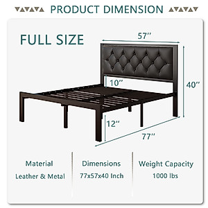 Feonase Full Size Metal Bed Frame with Faux Leather Button Tufted Headboard, Heavy-Duty Platform Bed Frame with 12" Storage, Steel Slats Support, No Box Spring Needed, Noise Free, Black
