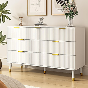 Tradare White Dresser for Bedroom, 7 Drawer Dresser with Gold Metal Handles, Wood Modern Dresser for Bedroom